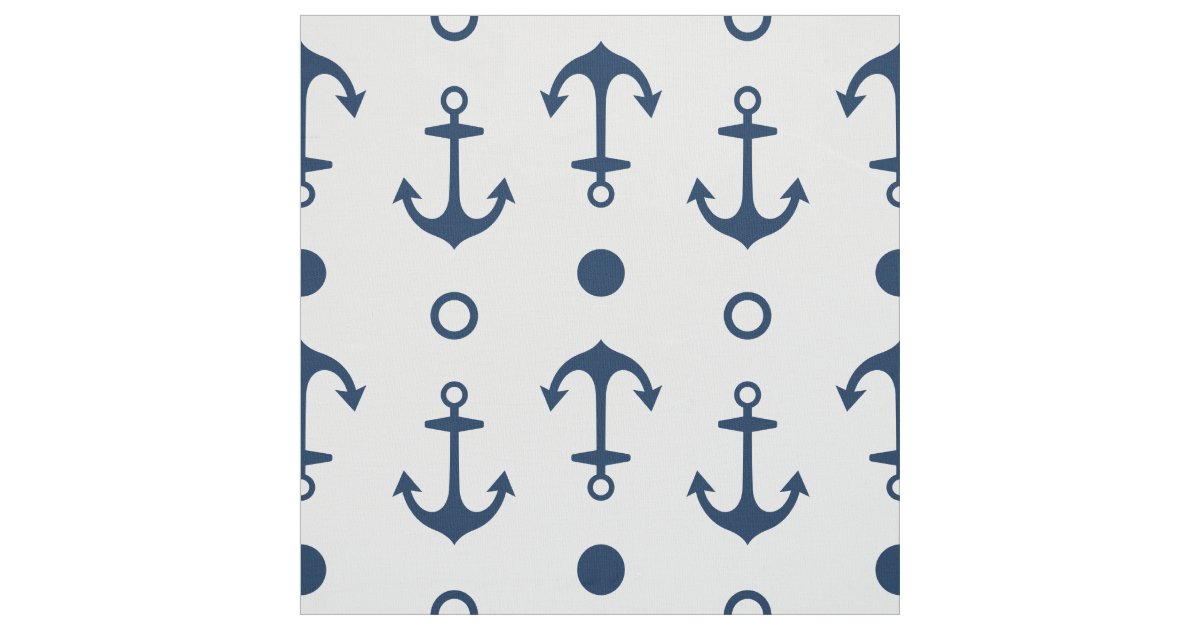 Nautical Navy Blue and White Anchors Pattern Fabric | Zazzle