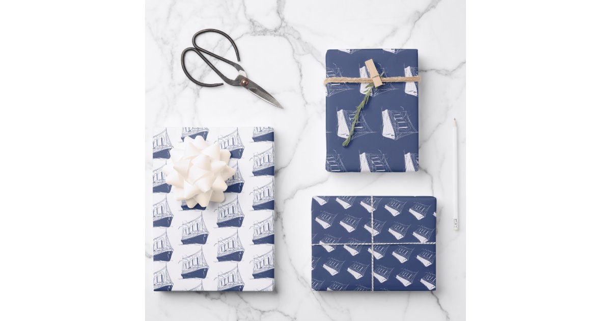 Nautical Navy Blue and White Ship Sailing Boat Wrapping Paper Sheets ...