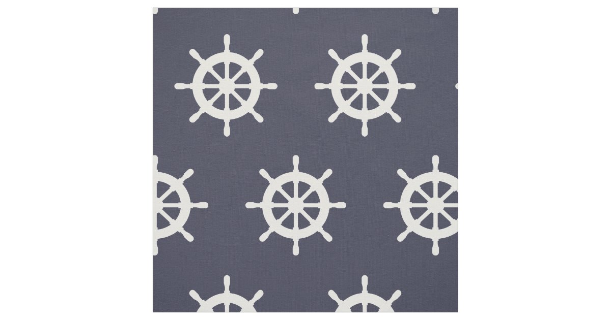 Nautical navy blue and white ship wheel pattern fabric | Zazzle
