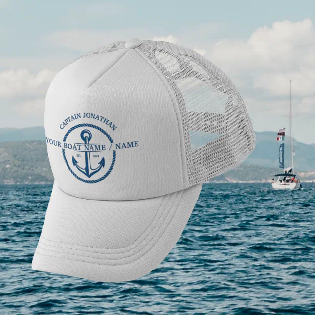 Nautical Navy Blue Boat Captain Name Anchor Trucker Hat | Zazzle