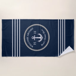 Nautical Navy Blue Boat Name Anchor Rope Beach Towel | Zazzle