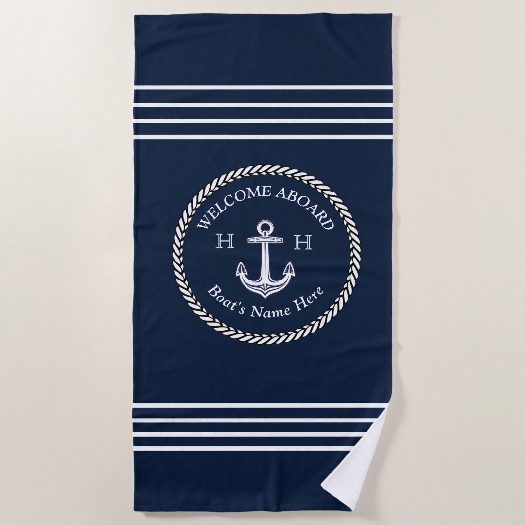 Nautical Navy Blue Boat Name Anchor Rope Beach Towel | Zazzle