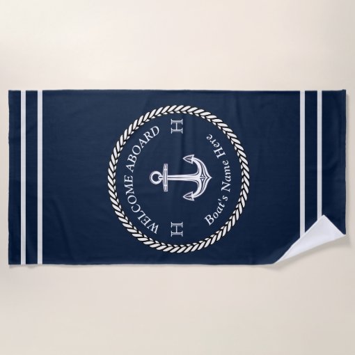 Nautical Navy Blue Boat Name Anchor Rope Beach Towel | Zazzle