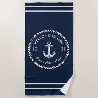Nautical Navy Blue Boat Name Anchor Rope Beach Towel | Zazzle