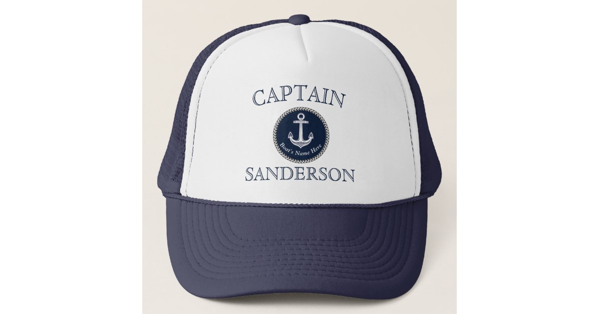 Nautical Navy Blue Boat Name Anchor Rope Trucker H Trucker Hat | Zazzle