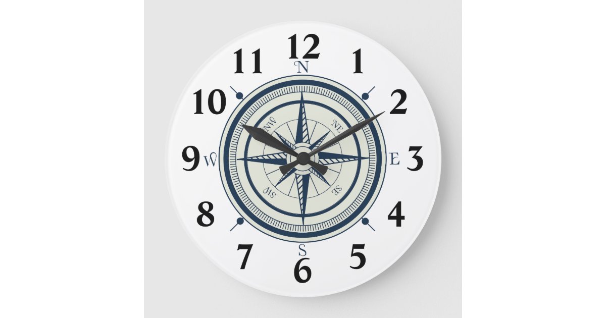 Nautical Navy Blue Compass Large Clock | Zazzle