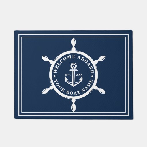 Nautical Navy Blue Custom Boat Name Anchor Doormat | Zazzle