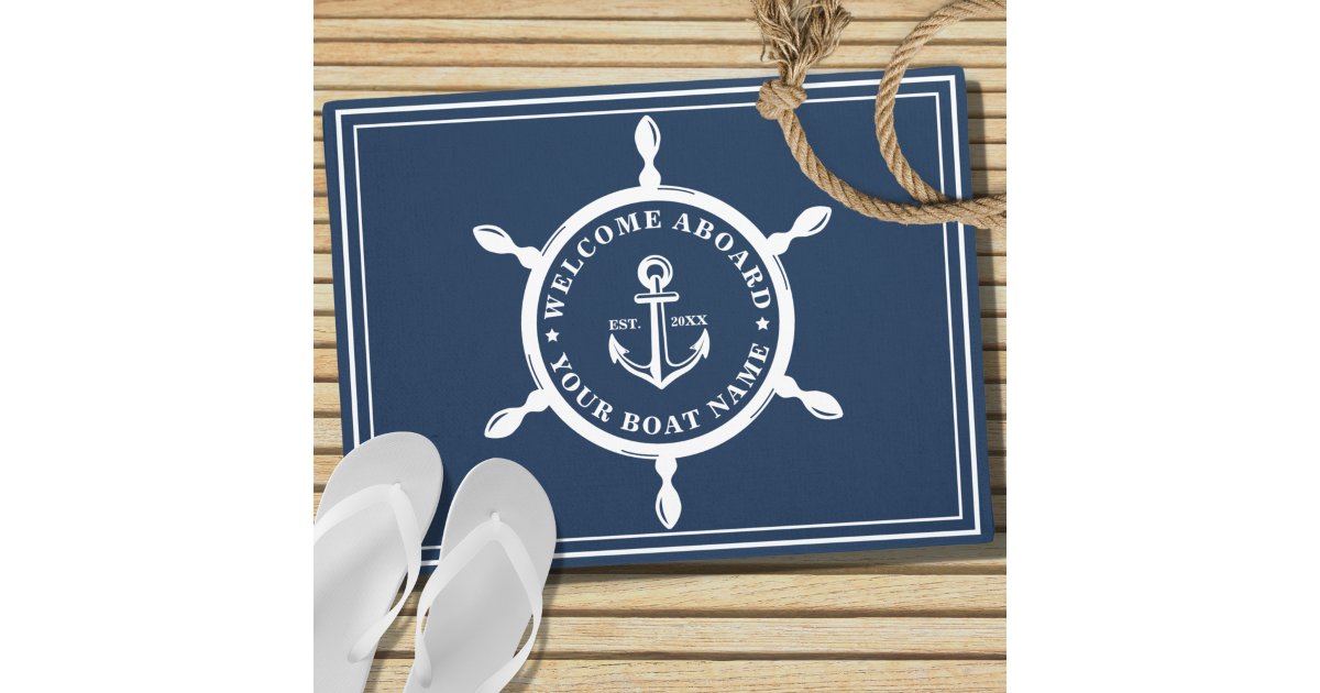 Nautical Navy Blue Custom Boat Name Anchor Doormat | Zazzle