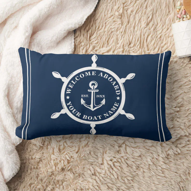 Nautical Navy Blue Custom Boat Name Anchor Lumbar Pillow | Zazzle