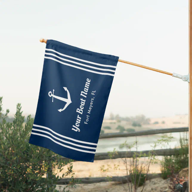 Nautical Navy Blue Custom Boat Name House Flag | Zazzle