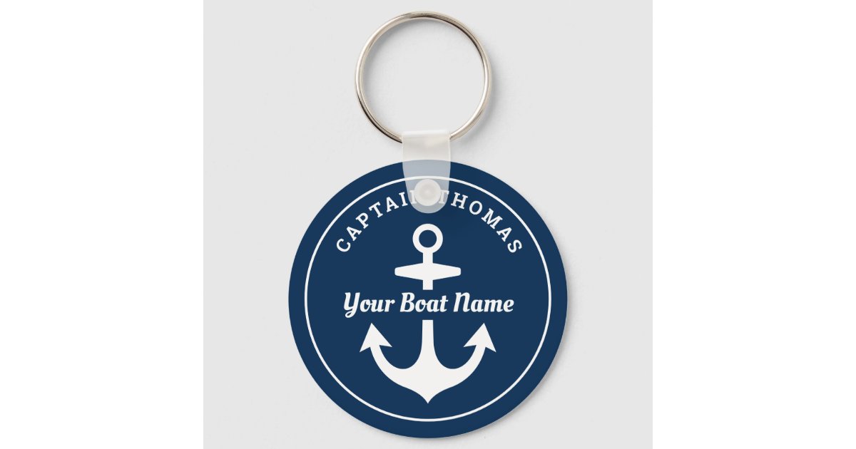 Nautical Navy Blue Custom Captain Boat Name Keychain | Zazzle