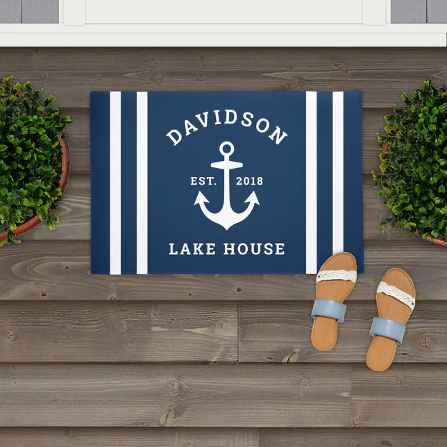 Nautical Navy Blue Custom Family Lake House Doormat | Zazzle