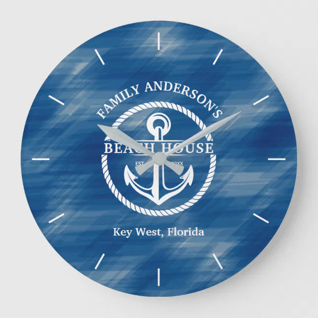 Nautical Navy Blue Family Name Anchor Beach House Large Clock | Zazzle