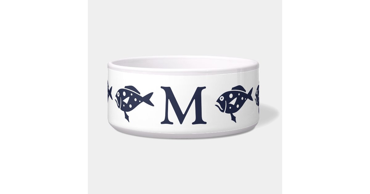 Nautical Navy Blue Fish & White | Monogram Bowl | Zazzle