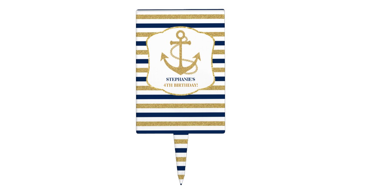 Nautical Navy Blue Gold Anchor Cake Topper | Zazzle