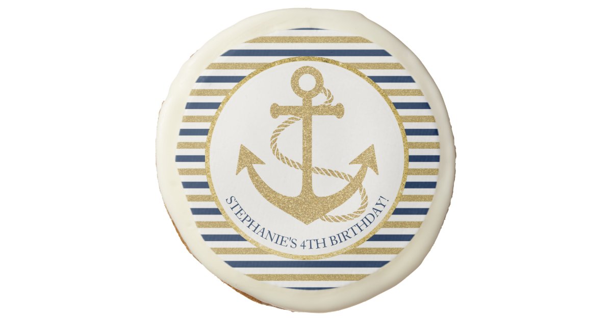 Nautical Navy Blue Gold Anchor Sugar Cookie | Zazzle