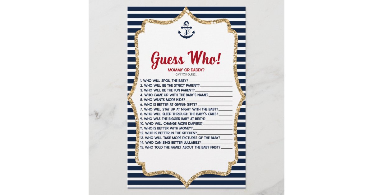 Nautical Navy Blue Guess Who! Baby Shower Game Stationery | Zazzle