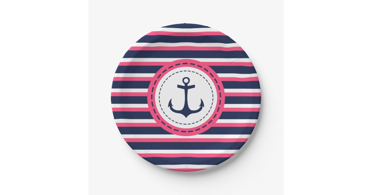 Nautical Navy Blue Hot Pink Stripes Anchor Design Paper Plates | Zazzle