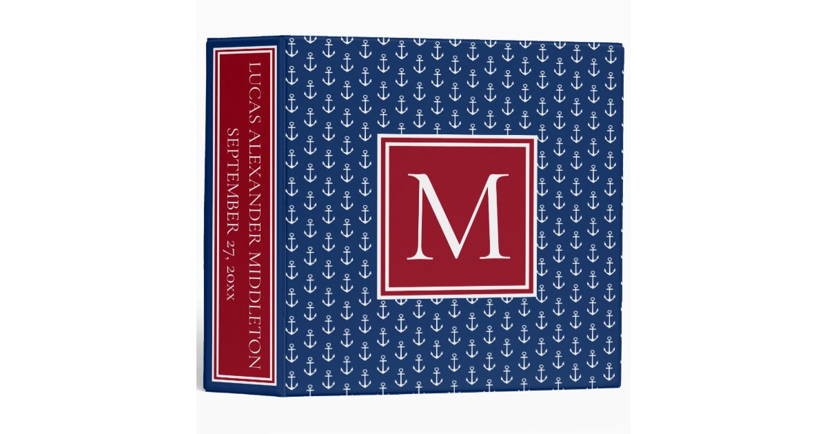 Nautical Navy Blue Red and White Anchor Monogram 3 Ring Binder | Zazzle