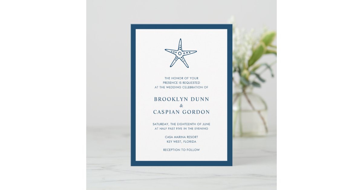 Nautical Navy Blue Starfish Beach Elegant Wedding Invitation | Zazzle