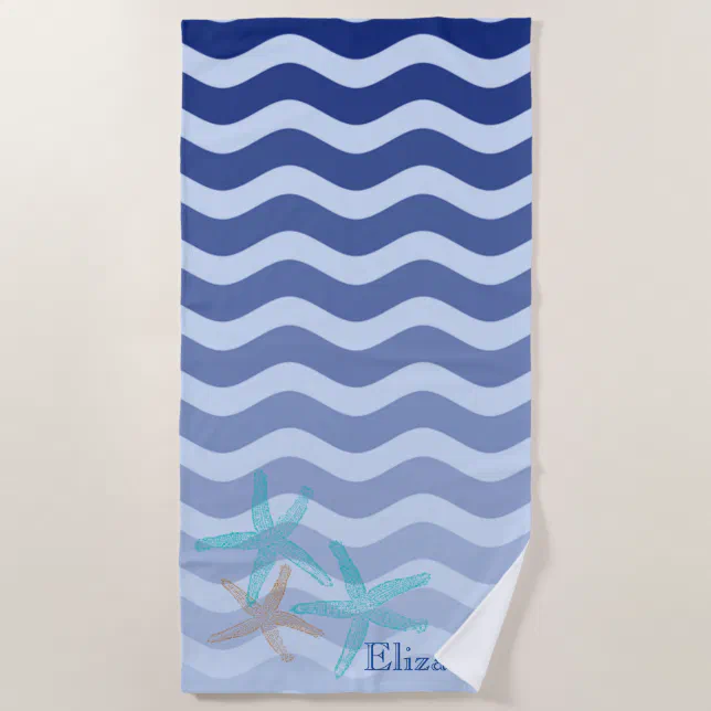Nautical Navy Blue Stripe Waves Starfish Beach Towel | Zazzle
