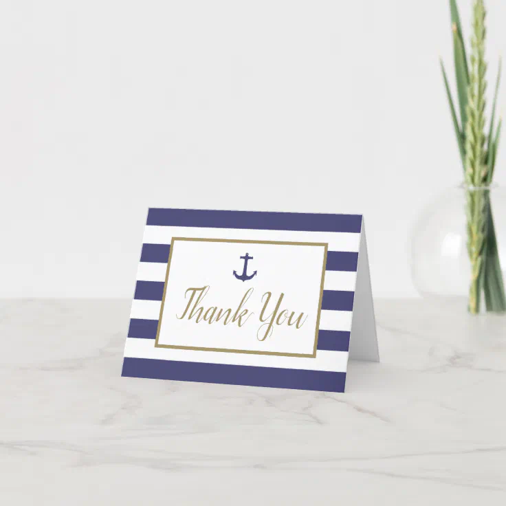 Nautical Navy Blue Stripes Anchor Gold Script Thank You Card | Zazzle
