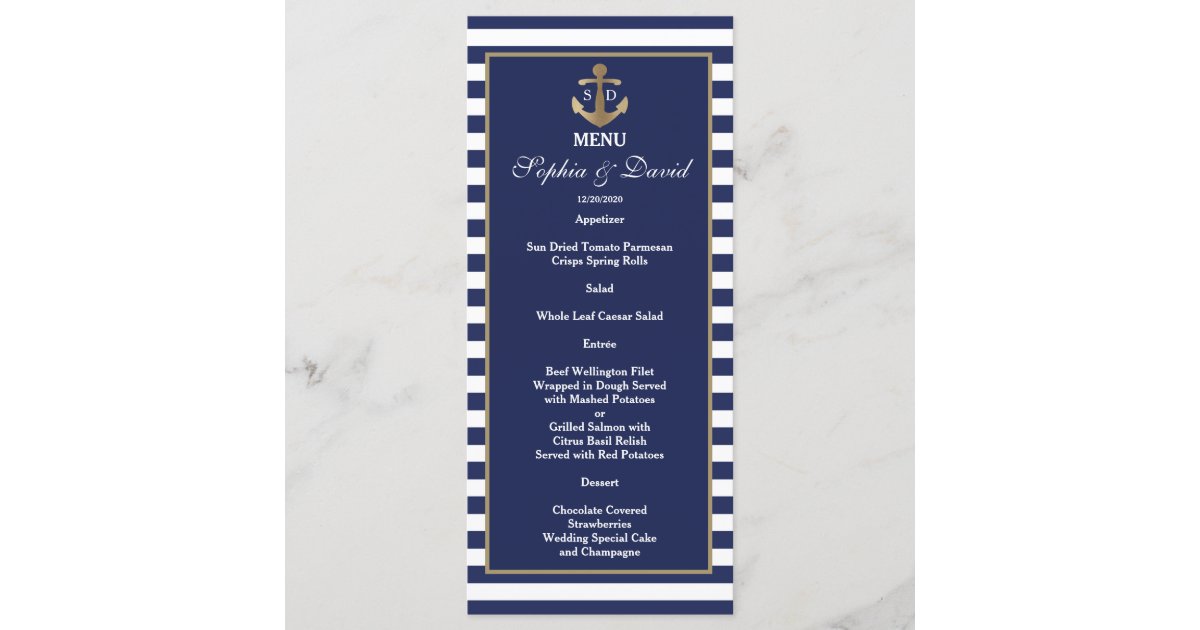 Nautical Navy Blue Stripes Gold Anchor Menu | Zazzle