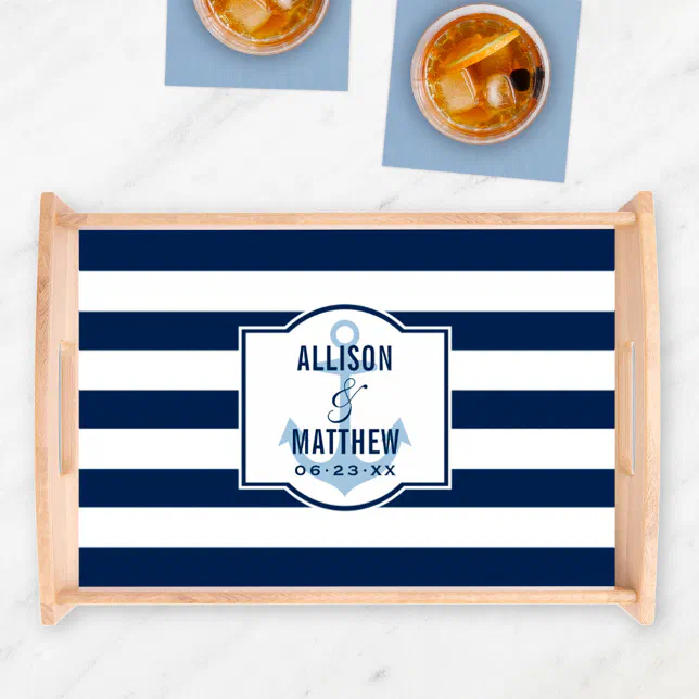 Nautical Navy Blue Stripes Wedding Monogram Serving Tray | Zazzle