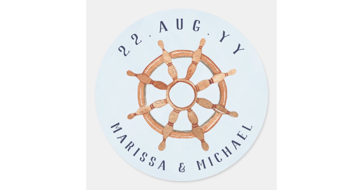 Nautical Navy Blue + Watercolor Ship's Wheel Classic Round Sticker | Zazzle