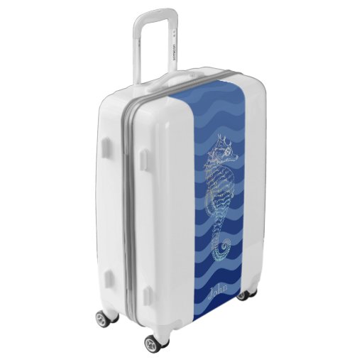 Nautical Navy Blue Waves Stripe Seahorse Luggage | Zazzle