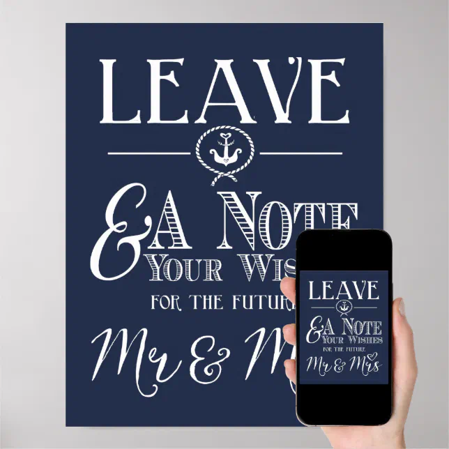 Nautical navy blue wedding Leave a note sign print | Zazzle