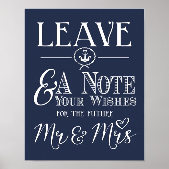 Nautical navy blue wedding Leave a note sign print | Zazzle.com