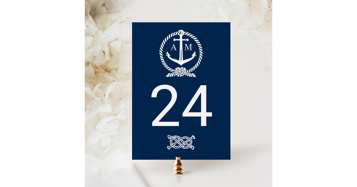 Nautical Navy Blue Wedding Monogram Table Number | Zazzle
