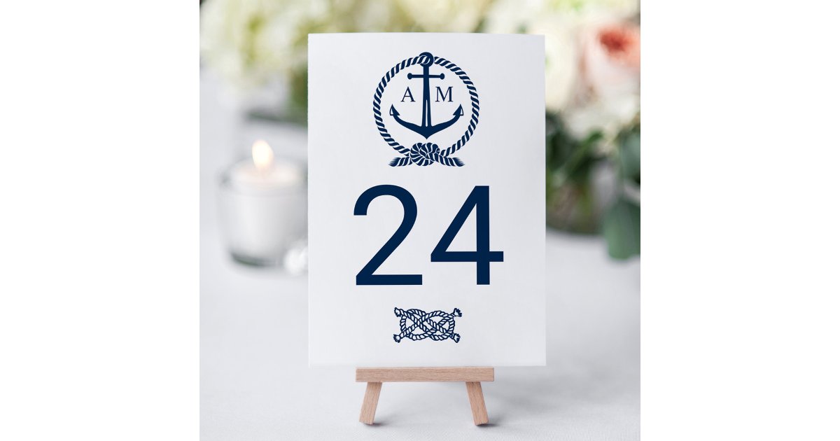 Nautical Navy Blue Wedding Monogram Table Number | Zazzle