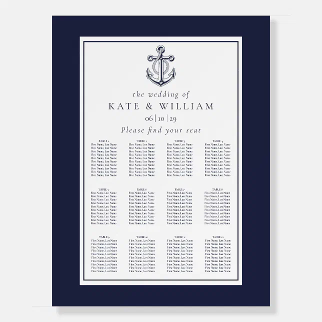 Nautical Navy Blue Wedding Seating Plan Chart Foam Board | Zazzle