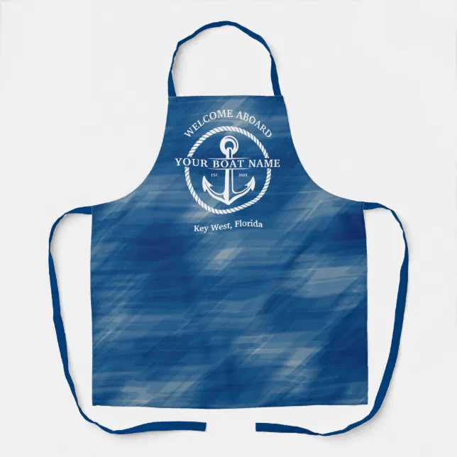 Nautical Navy Blue Welcome Aboard Boat Name Anchor Apron | Zazzle