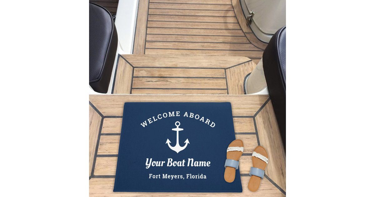 Nautical Navy Blue Welcome Aboard Boat Name Anchor Doormat | Zazzle