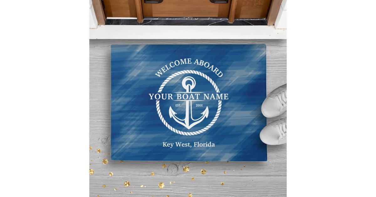 Nautical Navy Blue Welcome Aboard Boat Name Anchor Doormat | Zazzle