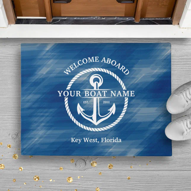 Nautical Navy Blue Welcome Aboard Boat Name Anchor Doormat | Zazzle