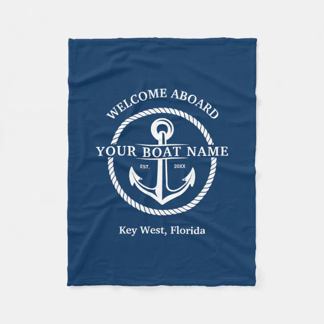 Nautical Navy Blue Welcome Aboard Boat Name Anchor Fleece Blanket | Zazzle