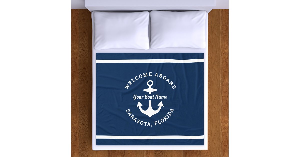 Nautical Navy Blue Welcome Aboard Boat Name Anchor Fleece Blanket | Zazzle