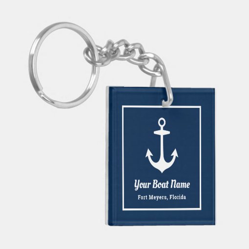 Nautical Navy Blue Welcome Aboard Boat Name Anchor Keychain | Zazzle