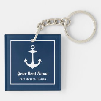 Nautical Navy Blue Welcome Aboard Boat Name Anchor Keychain | Zazzle