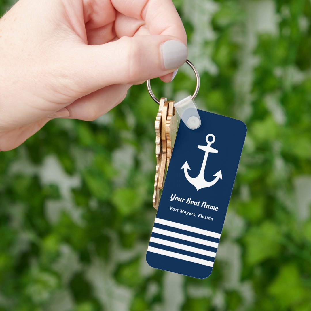 Nautical Navy Blue Welcome Aboard Boat Name Anchor Keychain | Zazzle
