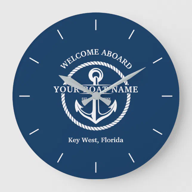 Nautical Navy Blue Welcome Aboard Boat Name Anchor Large Clock | Zazzle
