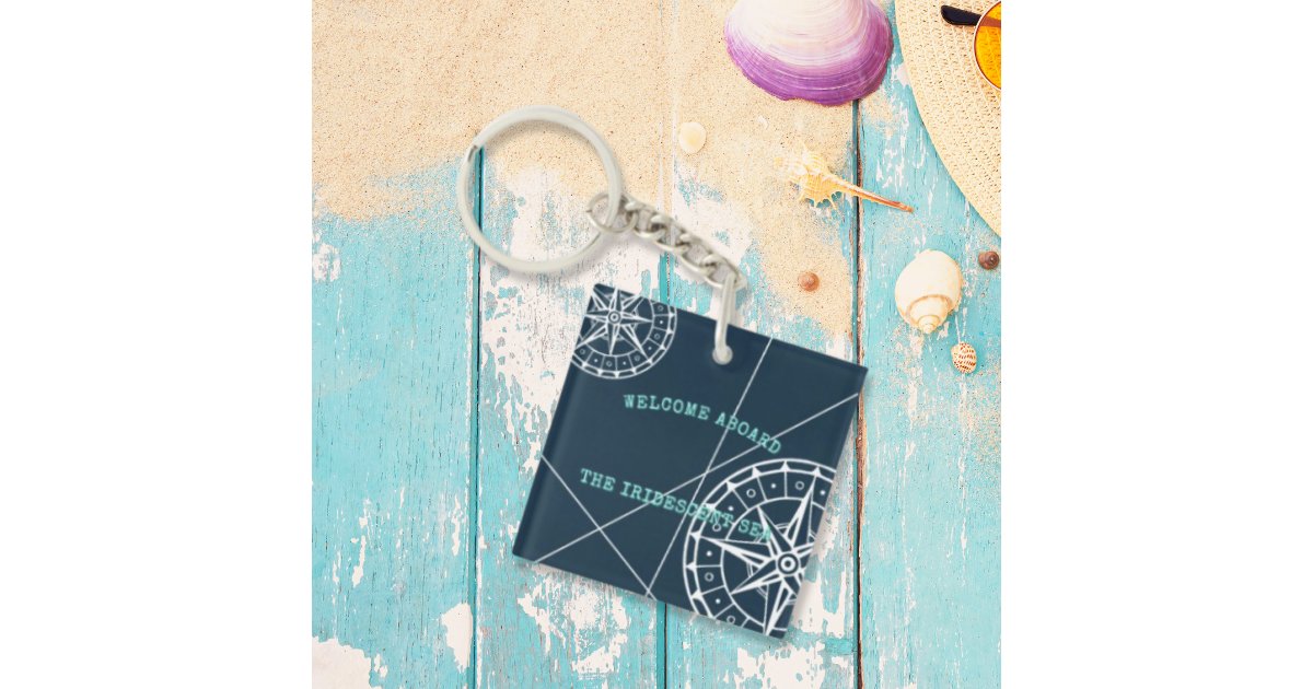 Nautical Navy Blue Welcome Aboard Compass Rose Keychain | Zazzle