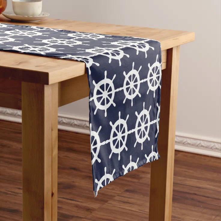 Nautical navy blue & white boat helm table runner | Zazzle