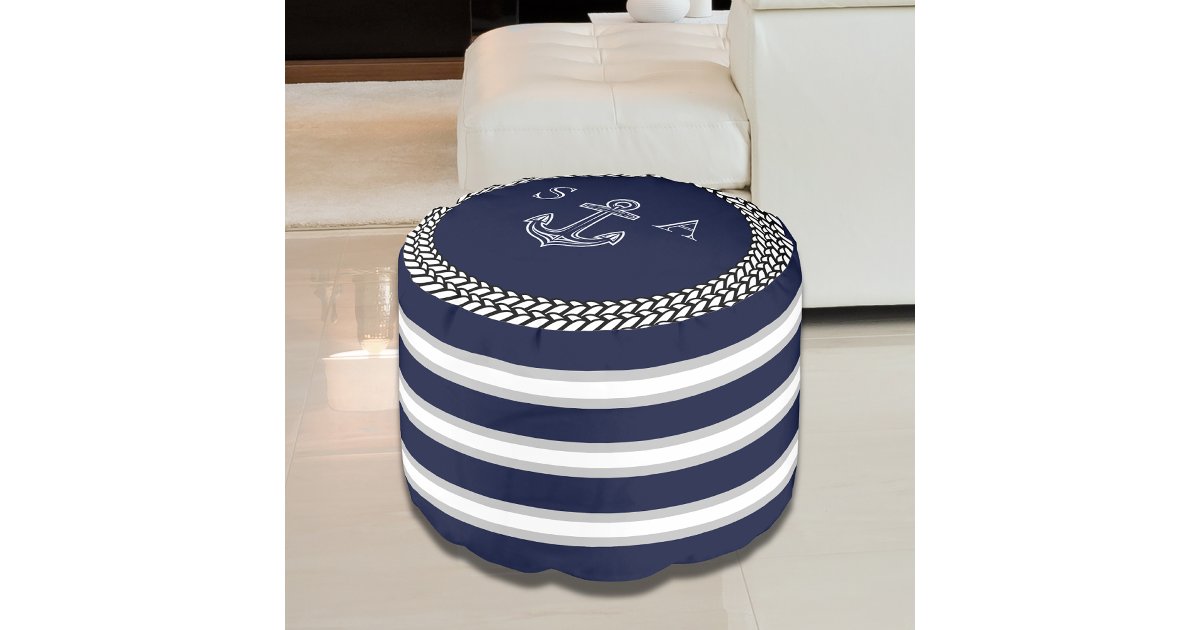Nautical Navy Blue White Stripe Anchor Monogram Pouf | Zazzle