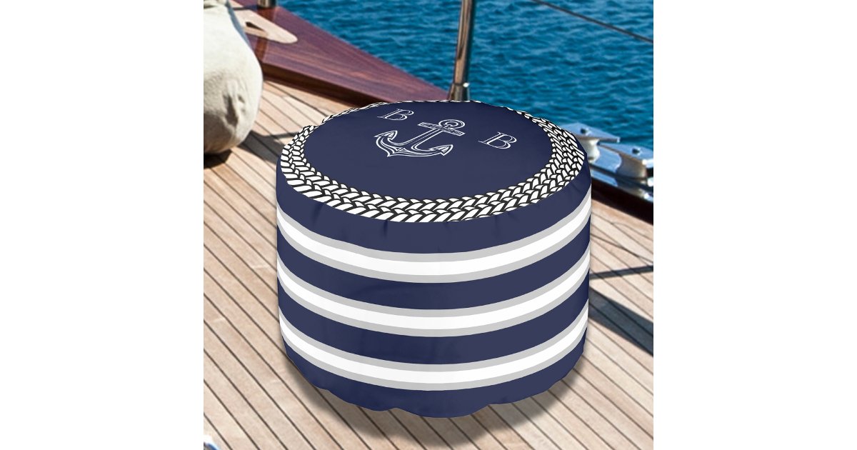 Nautical Navy Blue White Stripe Anchor Monogram Pouf | Zazzle
