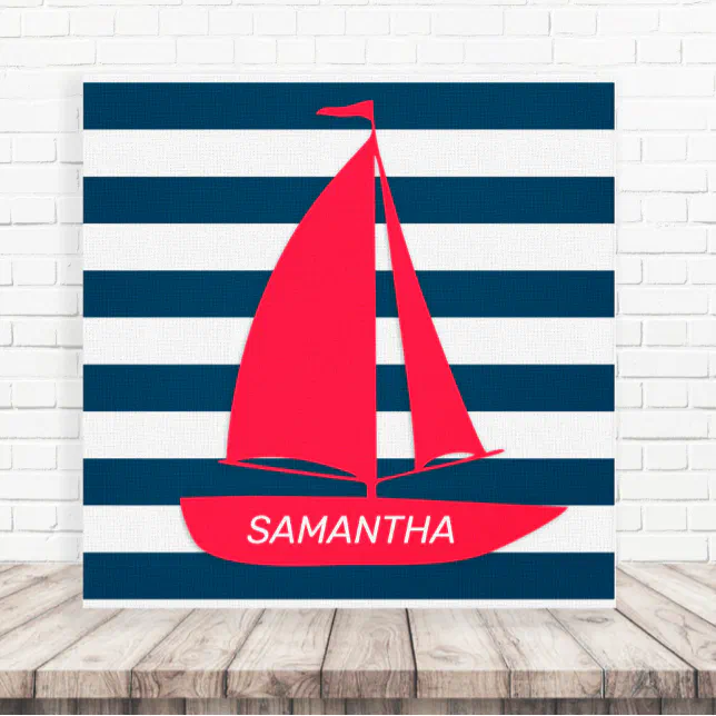 Nautical Navy Blue White Stripe Red Boat Monogram Canvas Print | Zazzle